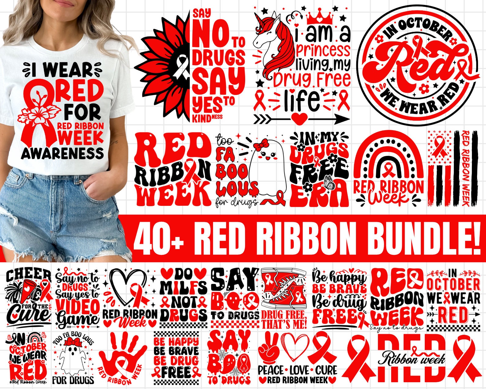 Red Ribbon Week SVG Bundle: 40+ Designs, Say No to Drugs, Drug-free ...