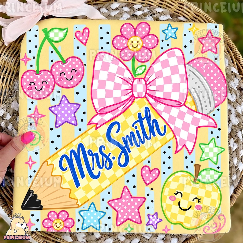 Custom Teacher Name PNG, Pencil Bow Cherry Apple Coquette Design, Back ...