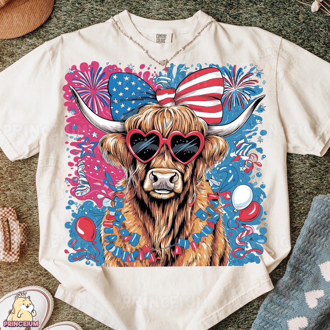 Patriotic Highland Cow Sublimation Design, 4th of July USA Flag Bow ...