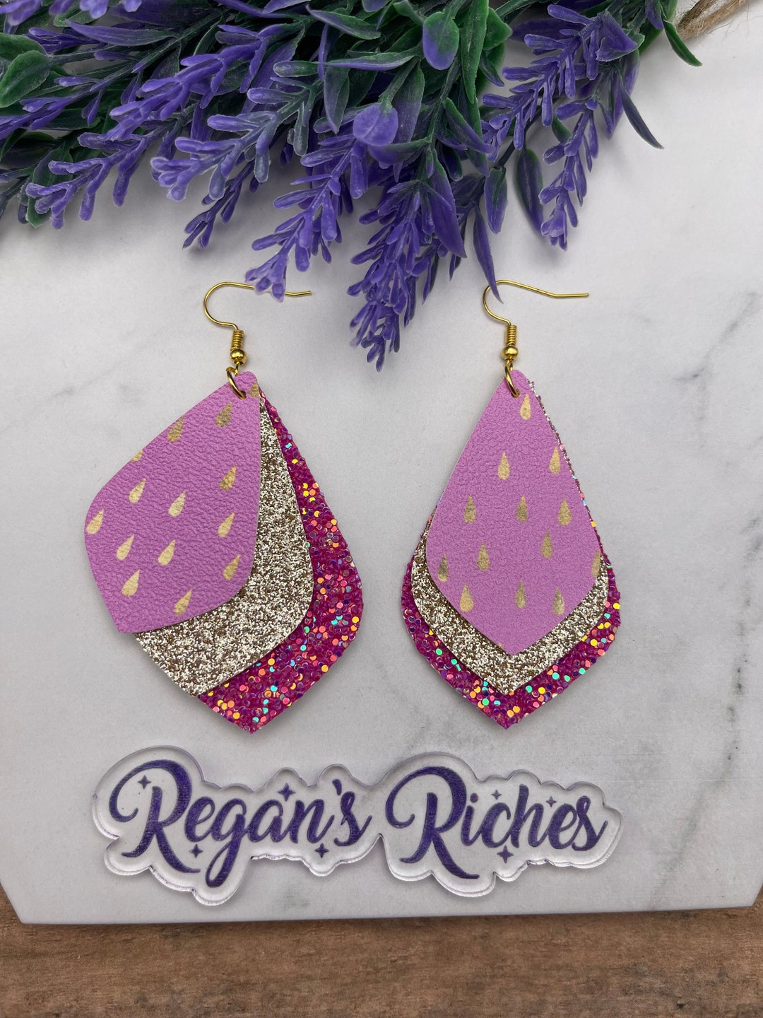 Magenta and Gold Rain Drops Faux Leather Earrings - Etsy