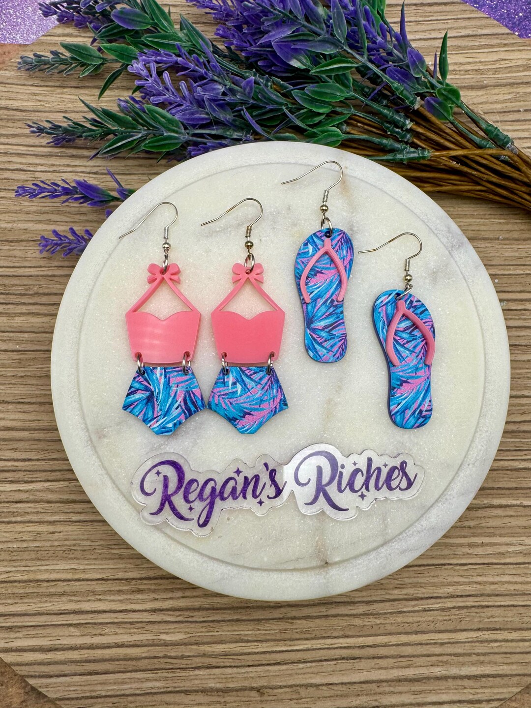 Tropical Print and Pink Bathing Suits and Flip Flops Acrylic Earrings ...