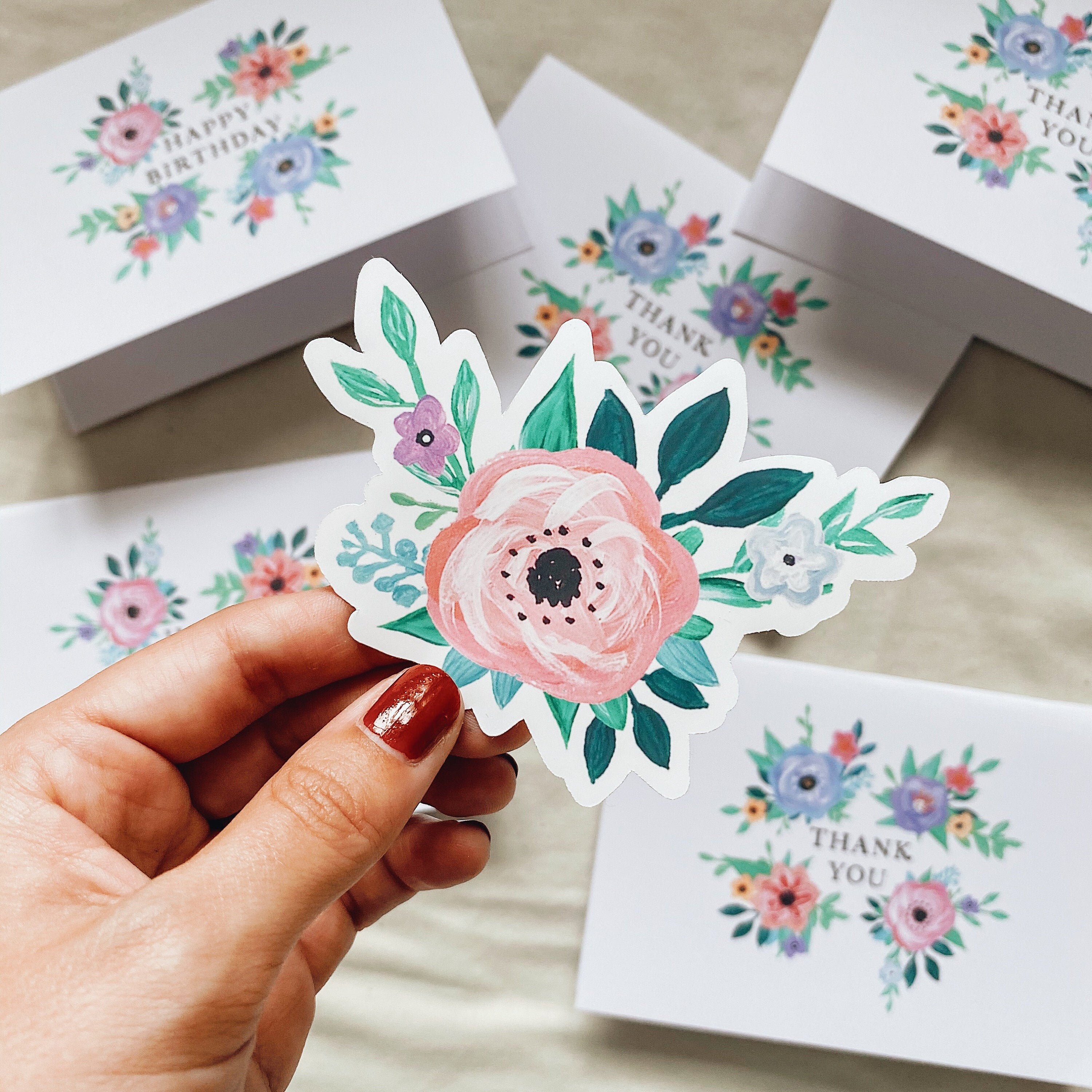 Handpainted Floral Arrangement Sticker Pink Flowers Die Cut | Etsy