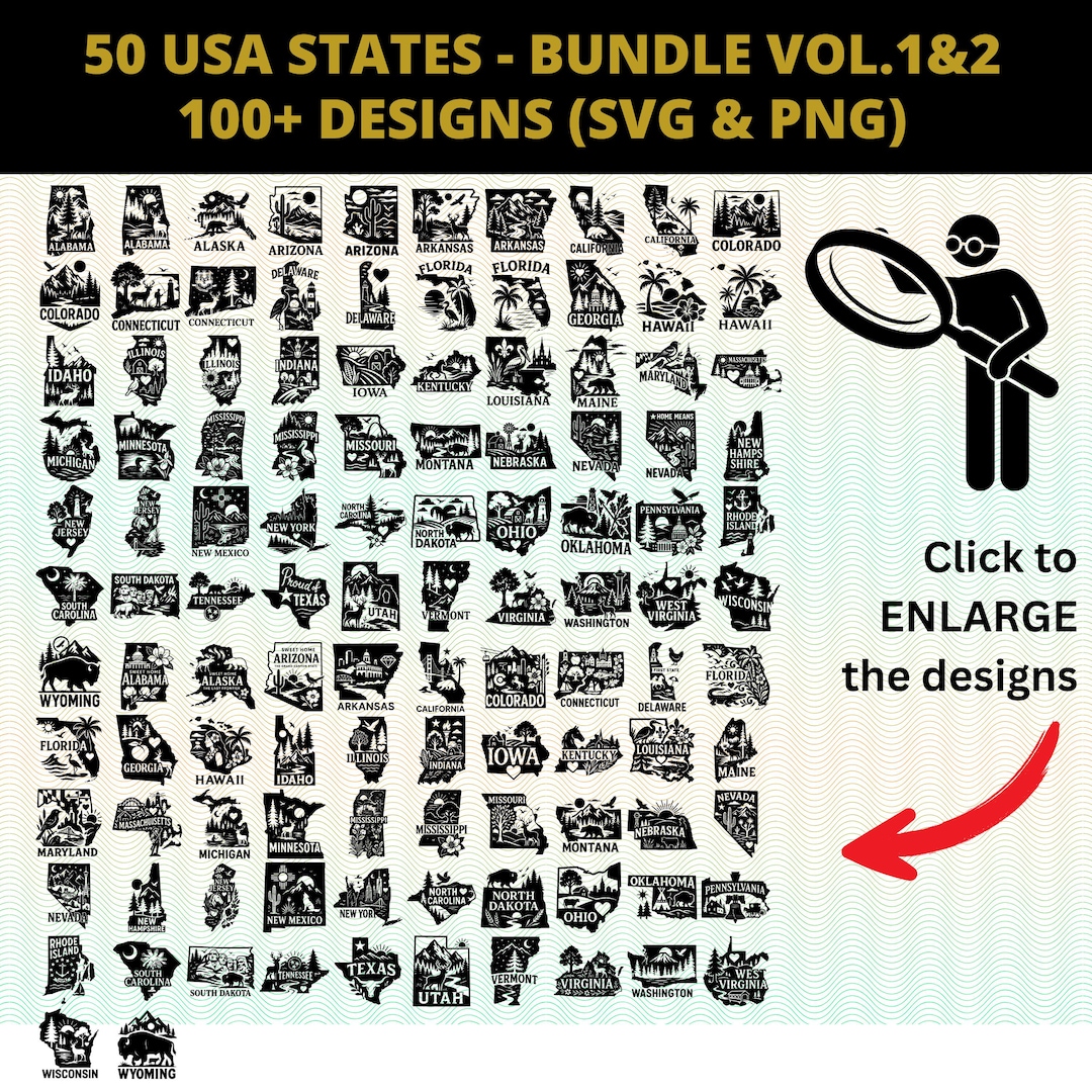 USA States SVG Bundle, 100+ State Silhouettes Svg Png, 50 States Cricut ...