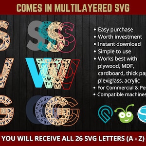 Layered Alphabet SVG A to Z Complete 3D Letters Multilayered Mandala ...