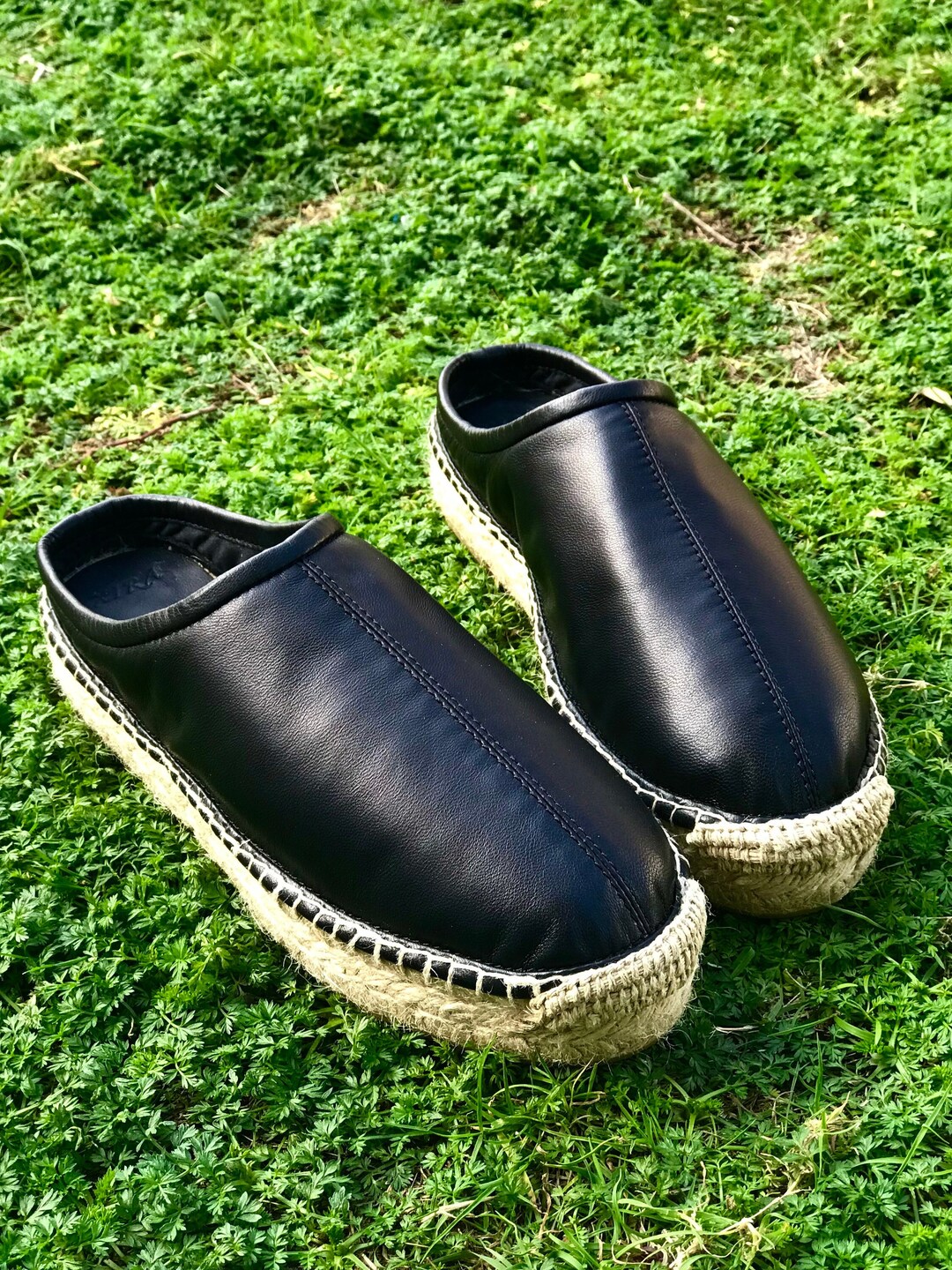 Mules Square Toe Black Leather IT Mid Jute Platform Handmade Single ...
