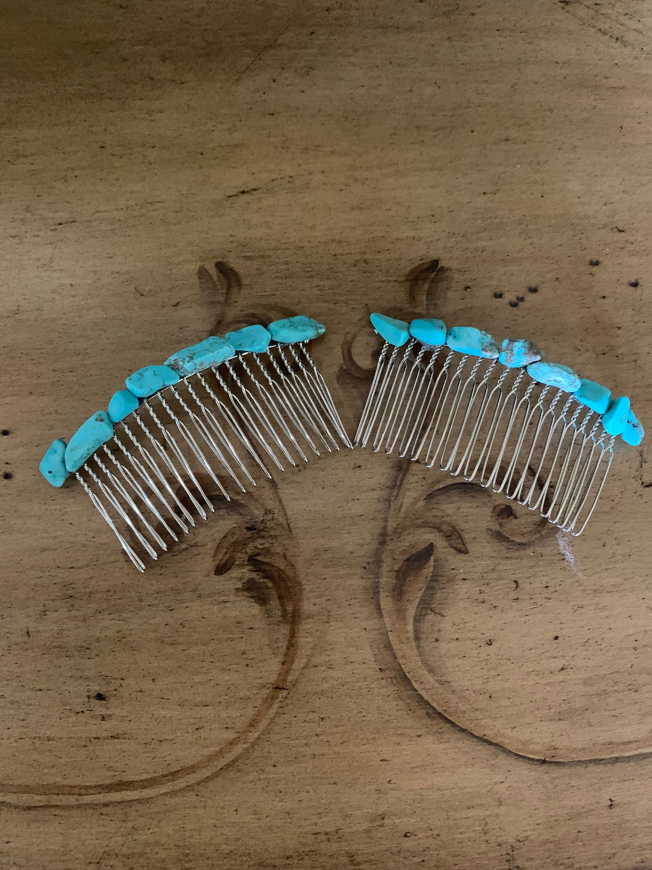 Silver and Turquoise Chip Hair Comb Set of 2 - Etsy