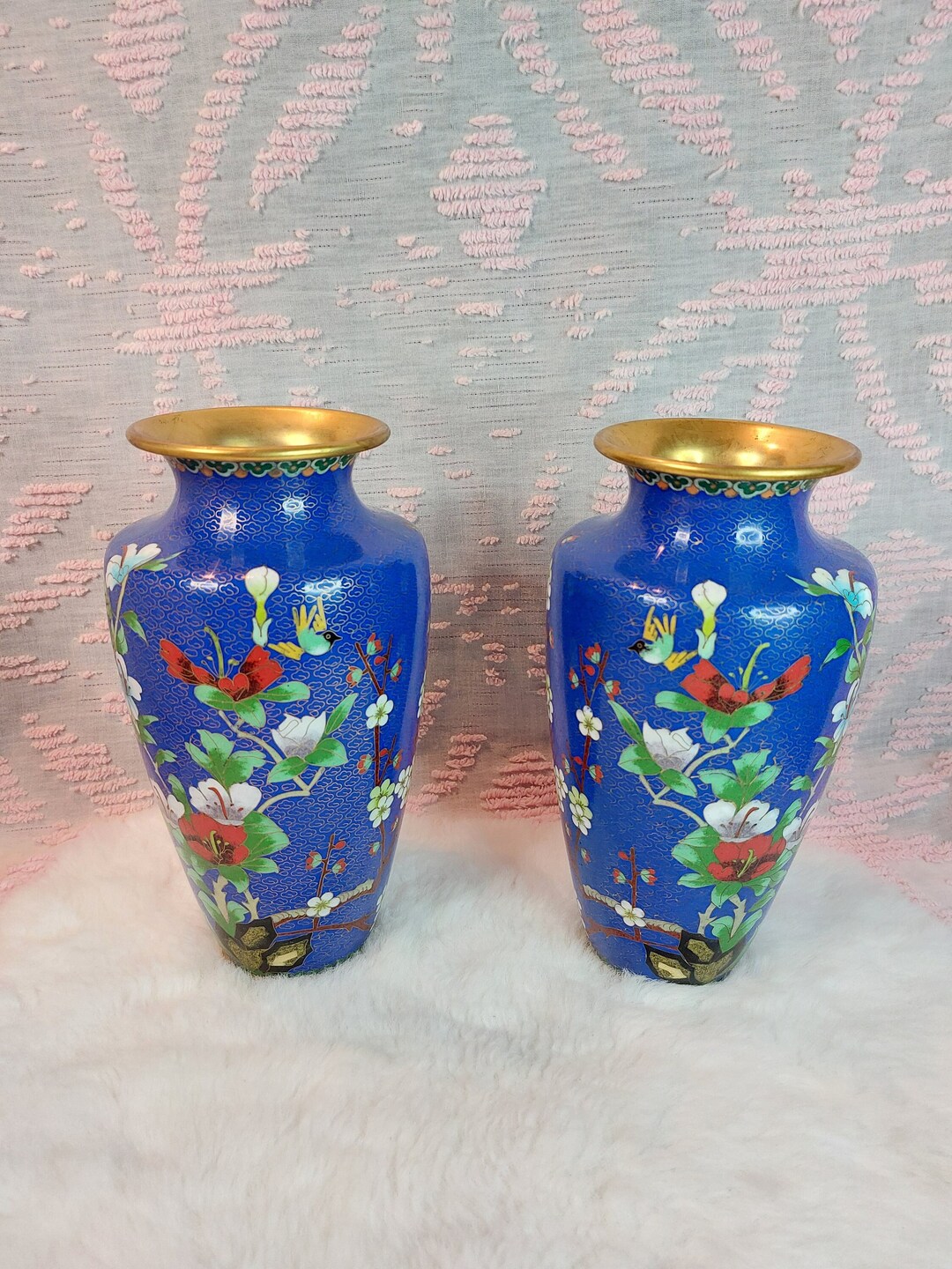 Vintage Old Cloisonne Pair Mirror Vase 10" Tall Blue With Bird and ...