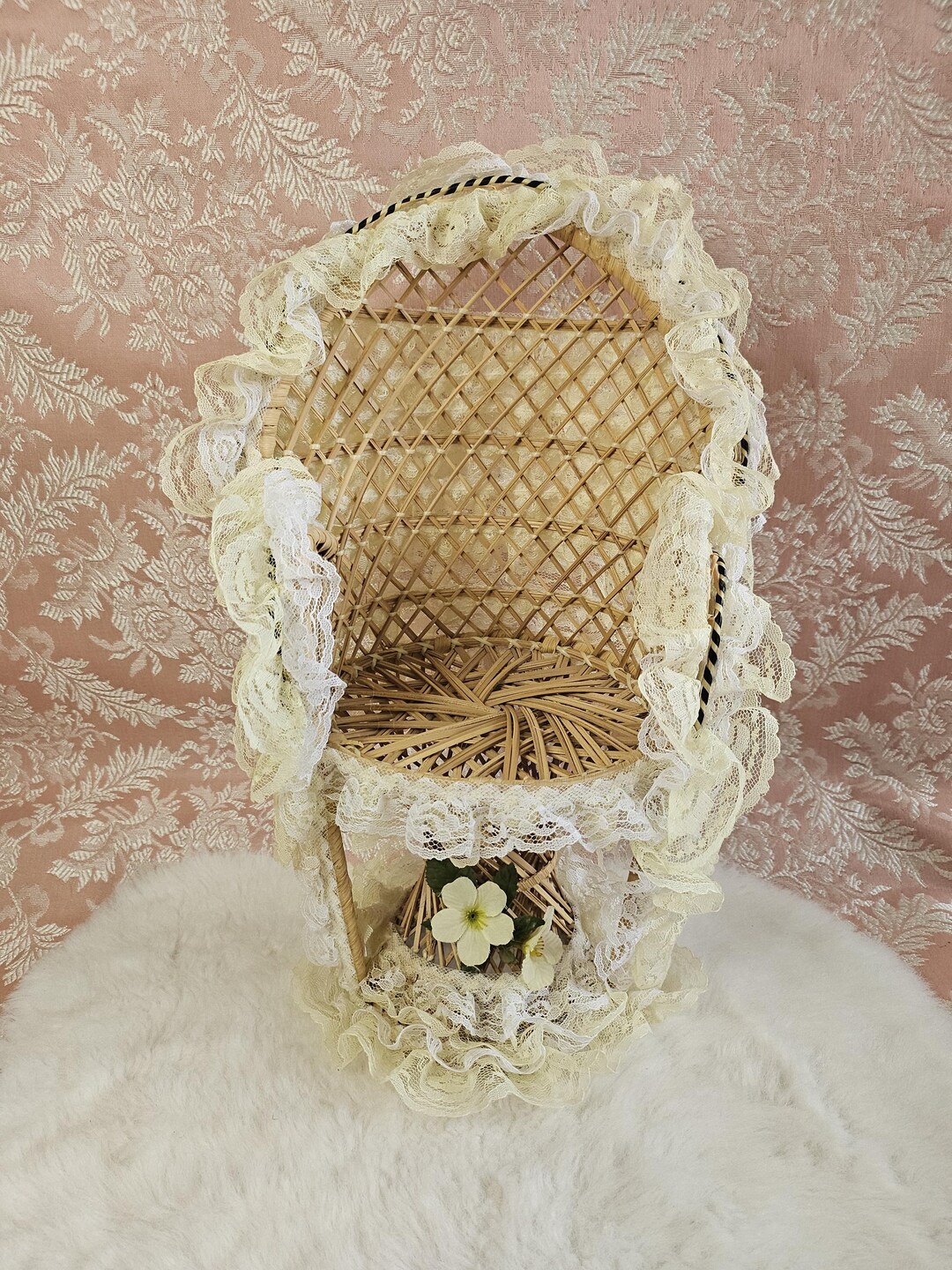 Vintage Peacock Chair Wicker Doll Chair Plant Holder W/ Lace Trim 15.5 ...