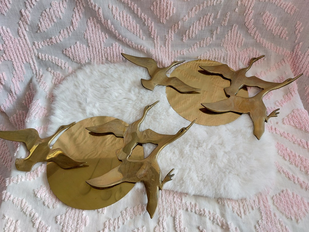 Vintage MCM Solid Brass Geese Duck Flying by the Copper Sun View Wall ...