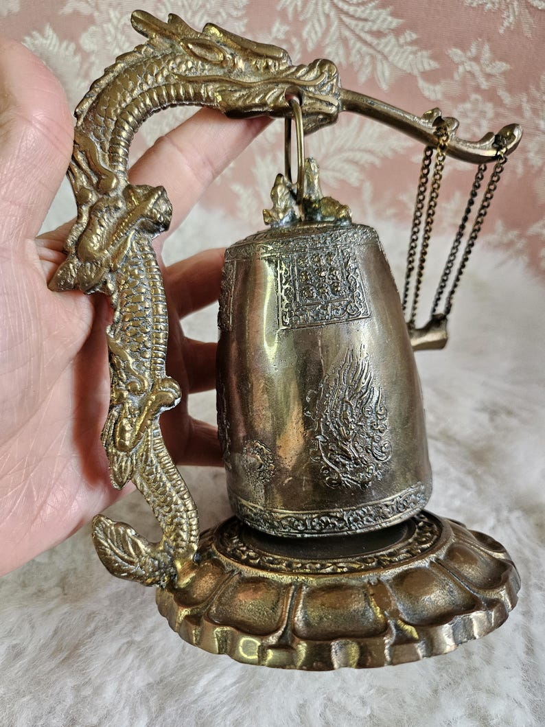 Vintage Brass Dragon Bell With Chained Mallet Antique Home Decor ...