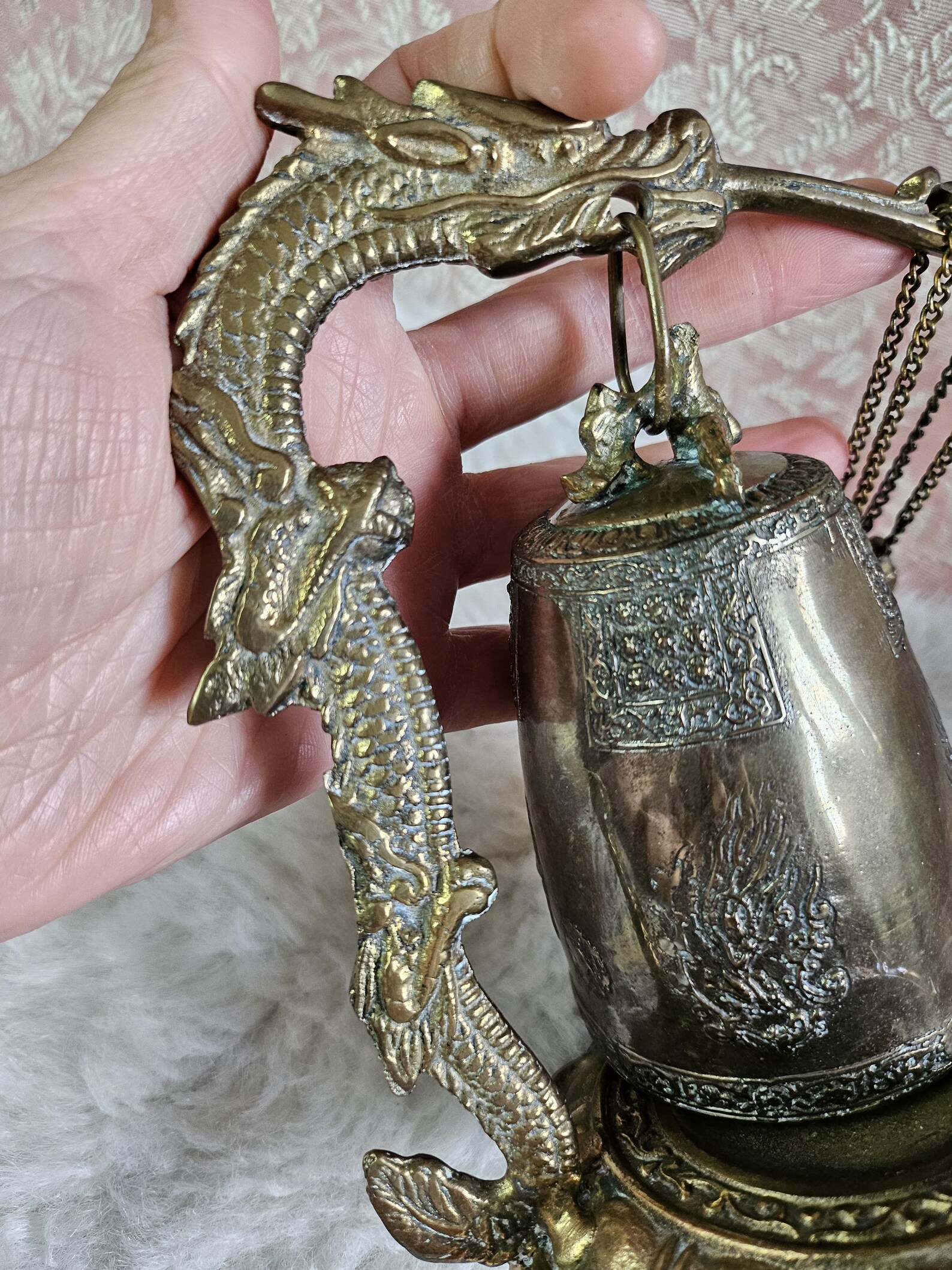 Vintage Brass Dragon Bell With Chained Mallet Antique Home Decor ...