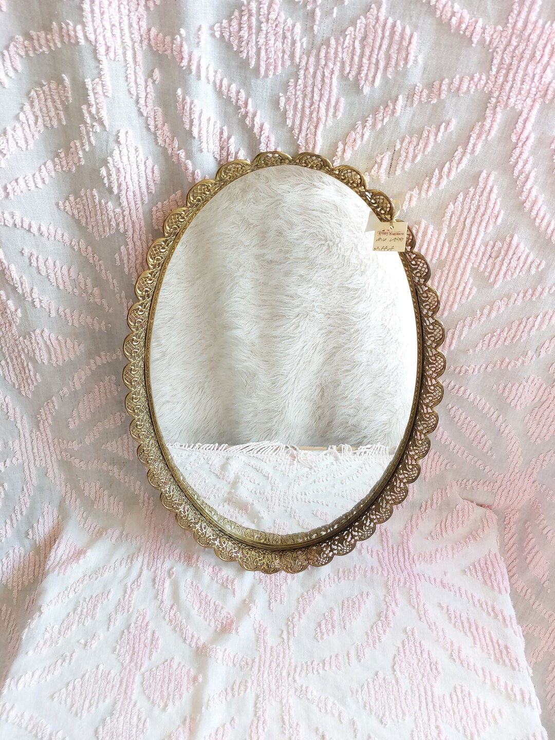 Vintage MCM Oval Filigree Brass Ornate Vanity Mirror Tray Large Size 22 ...
