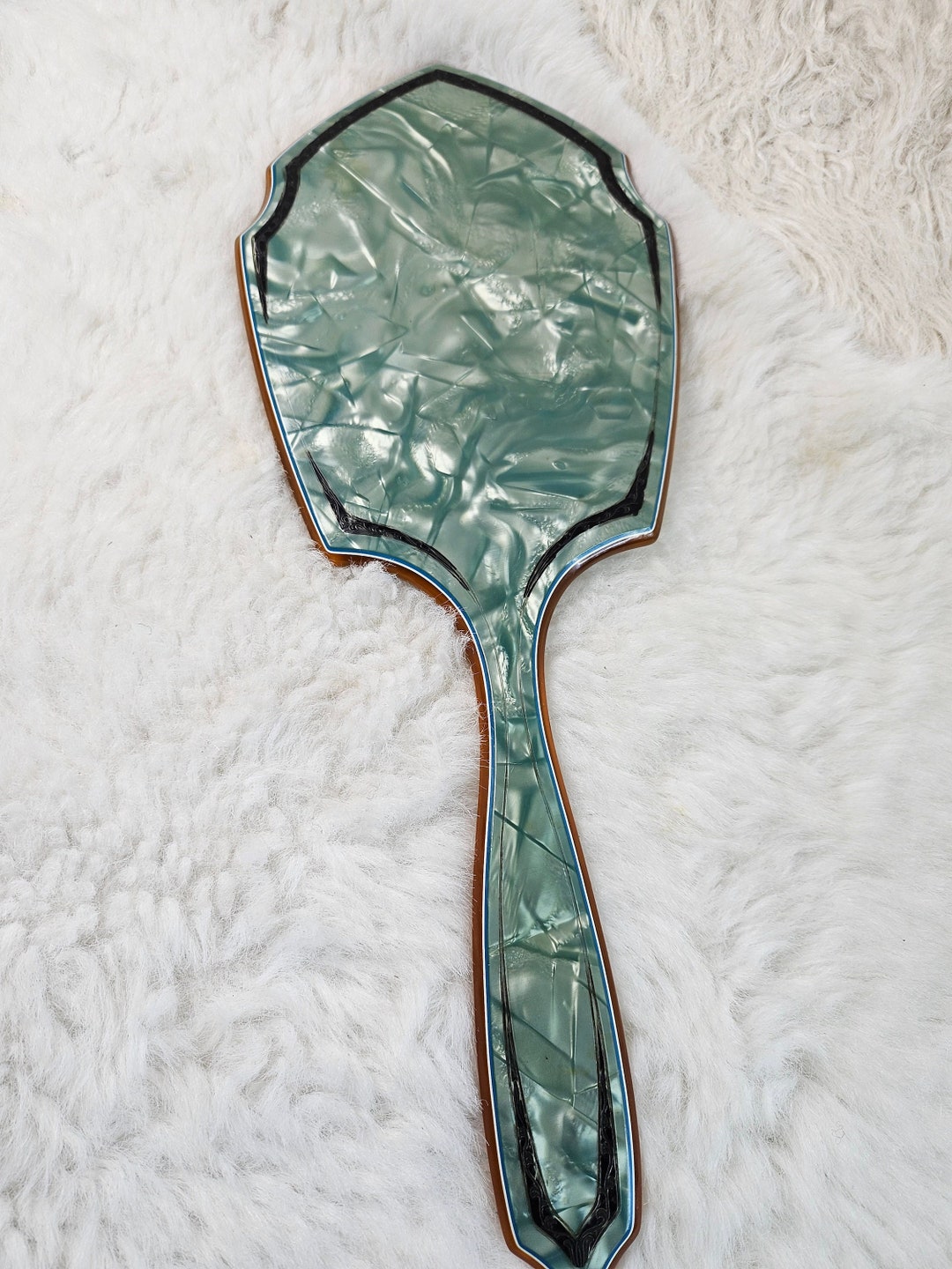 Vintage Art Deco Celluloid Vanity Mirror Green Pearltone With Floral ...