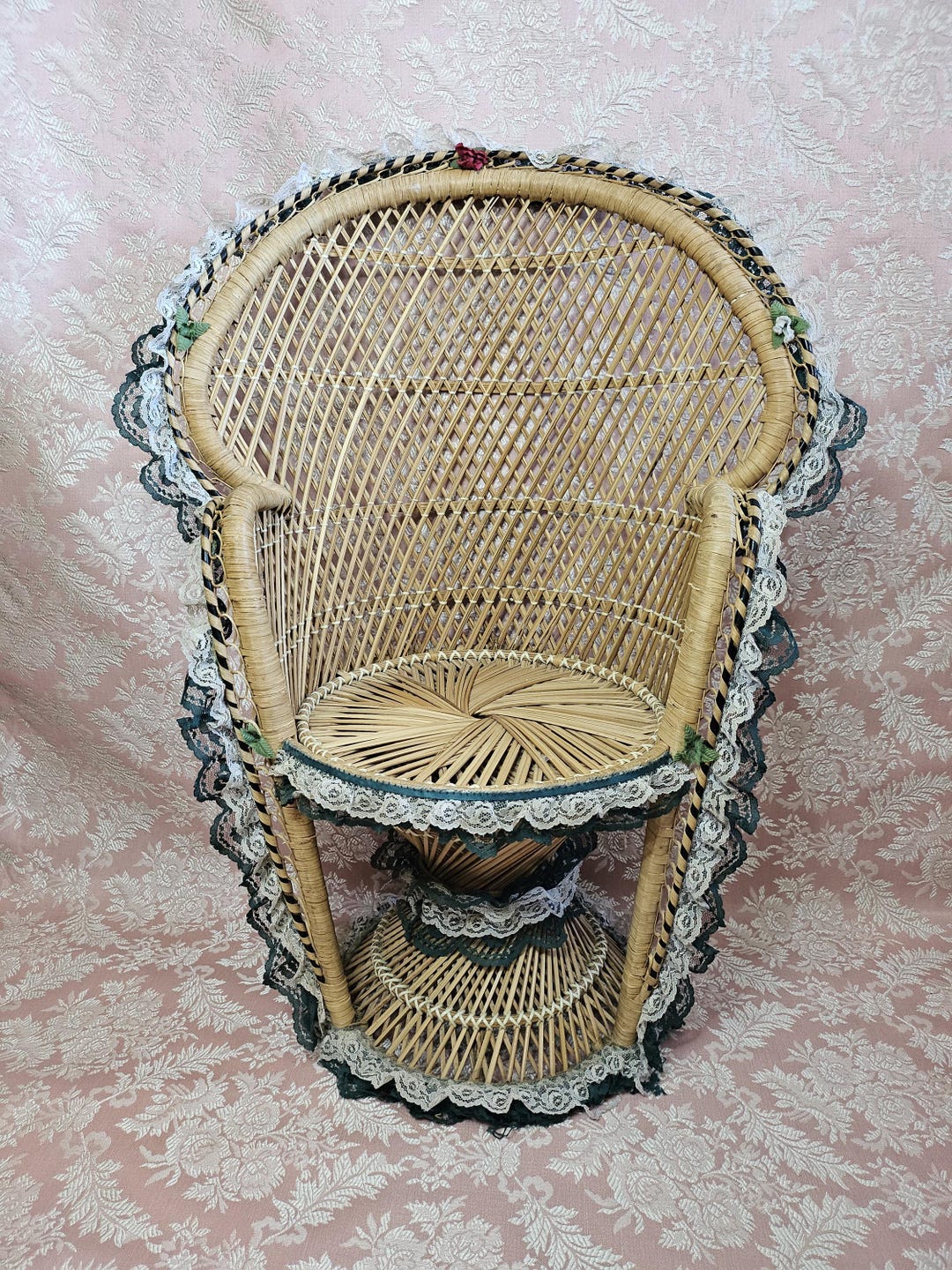 Vintage Large Peacock Chair Wicker Doll Chair Plant Holder W/ Lace Trim ...