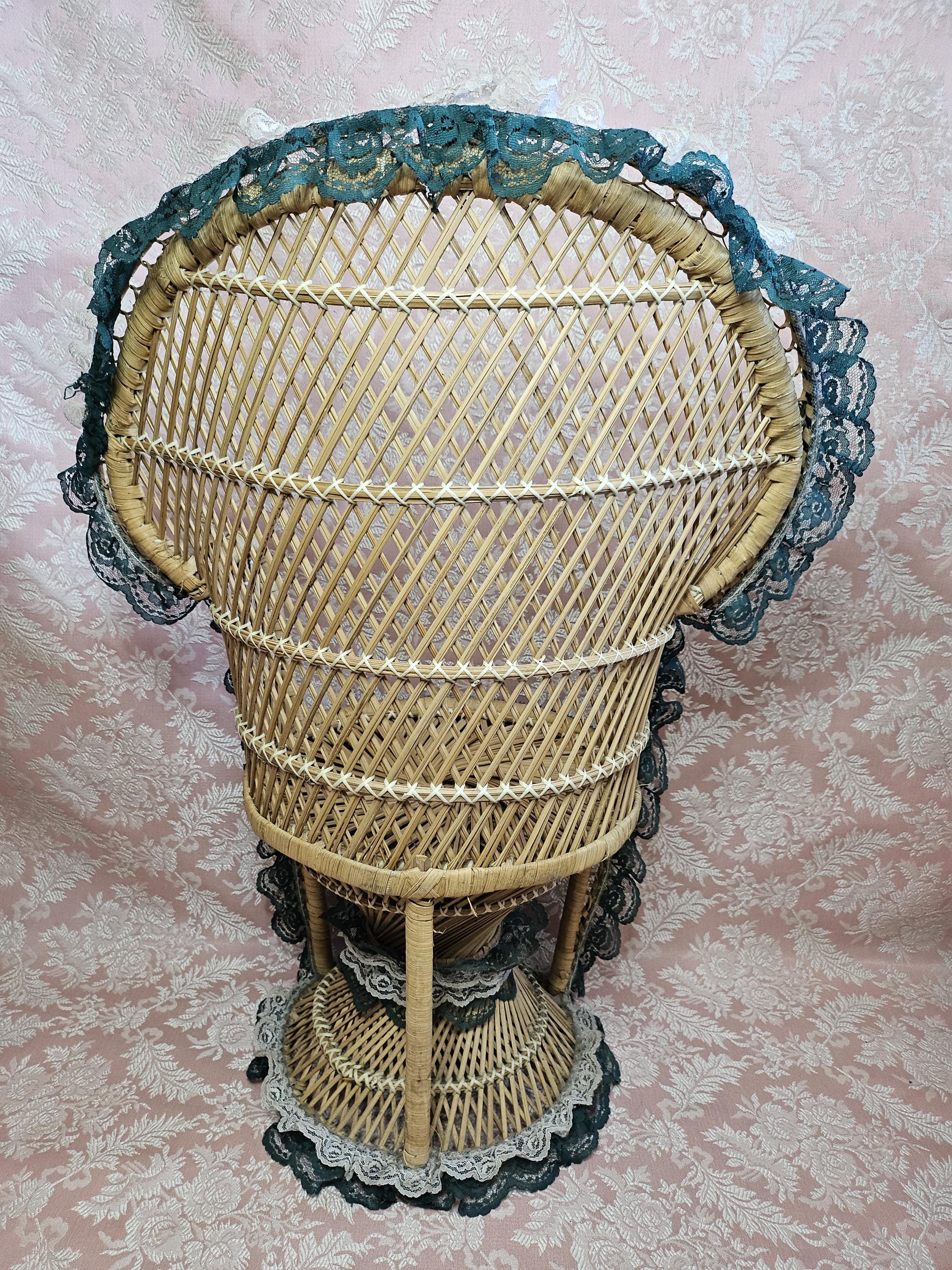 Vintage Large Peacock Chair Wicker Doll Chair Plant Holder W/ Lace Trim ...