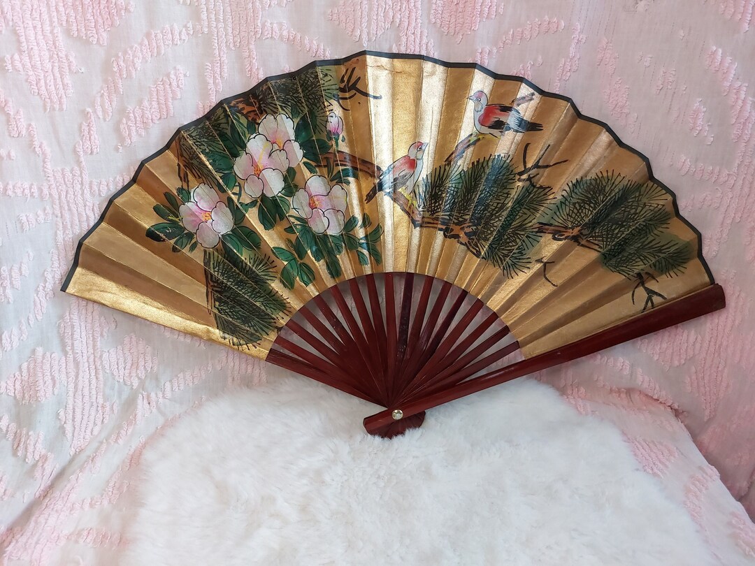 Vintage Asian Wall Fan Bamboo Base Paper Wall Art Fan Hand Painted ...