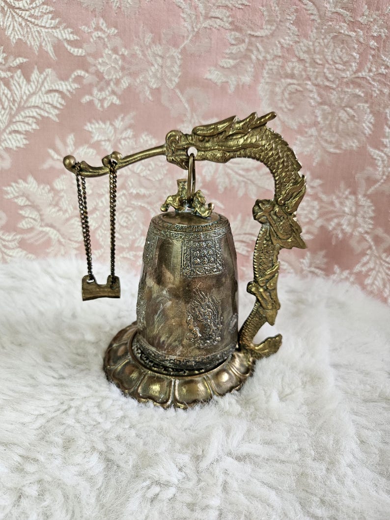 Vintage Brass Dragon Bell With Chained Mallet Antique Home Decor ...