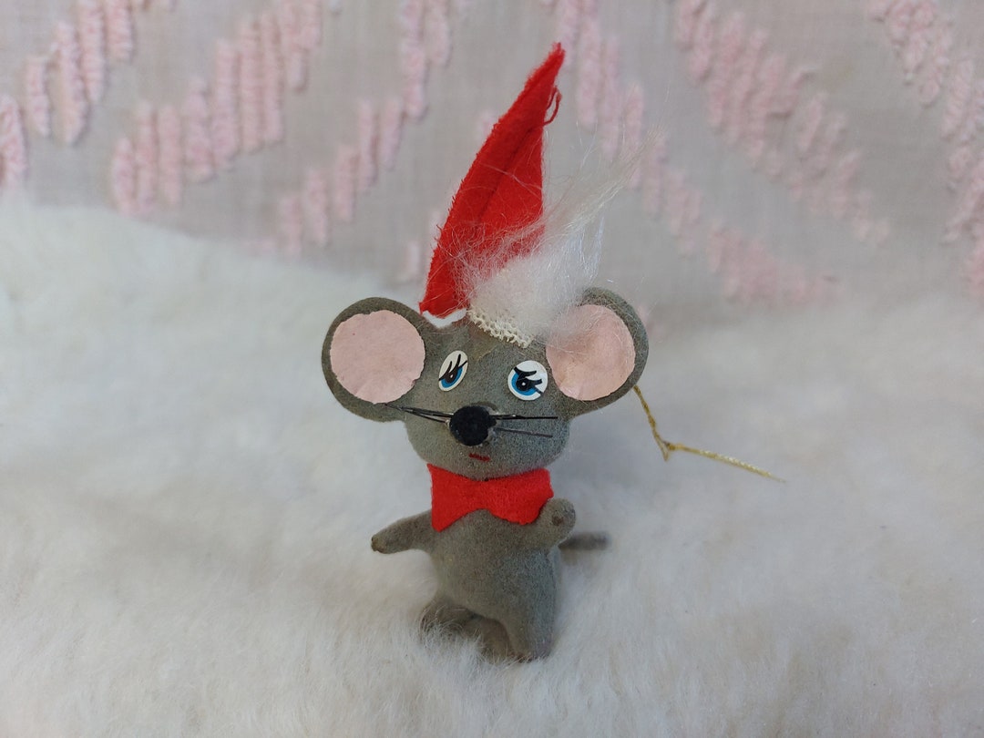 Vintage Plastic and Flocked Sad Face Mouse Figurine Christmas Ornament ...