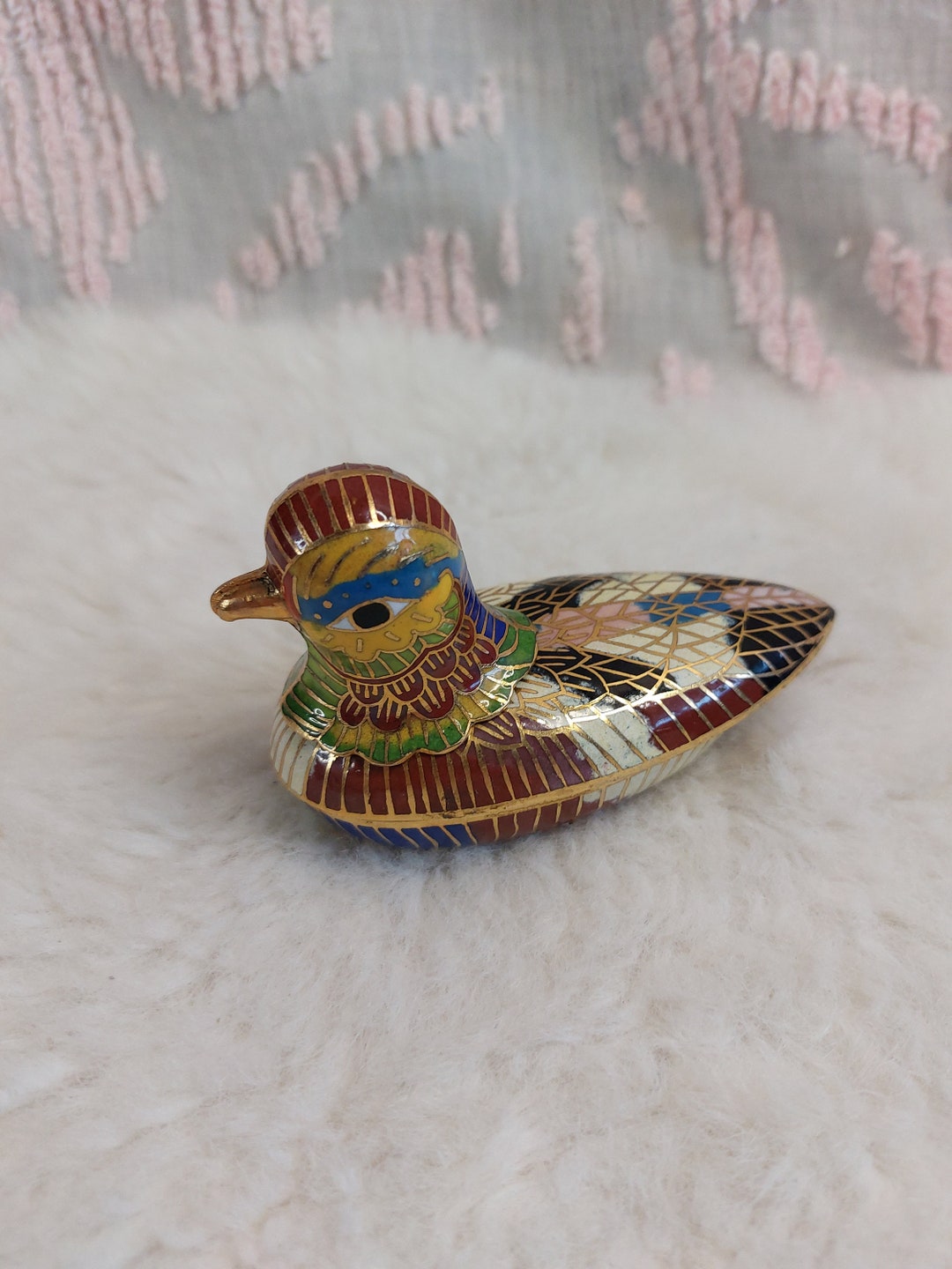 Vintage Chinese Cloisonne Hand Painted Brass Enamel Duck Bird Trinket ...