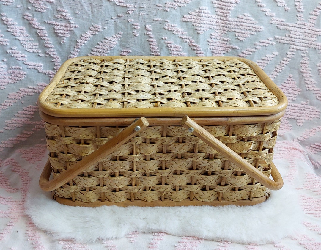 Vintage Wicker Rattan Sewing Organizer Basket - Etsy