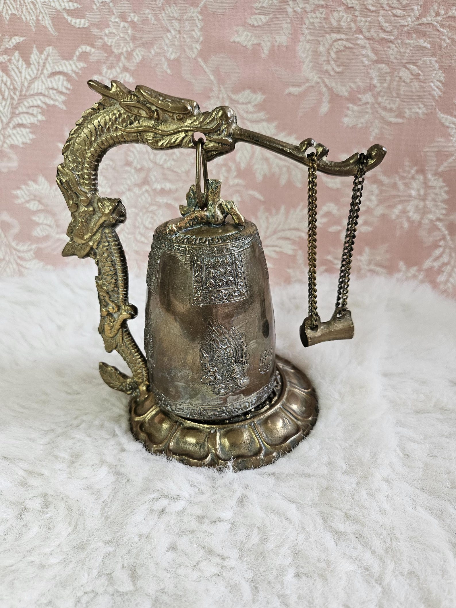 Vintage Brass Dragon Bell With Chained Mallet Antique Home Decor ...