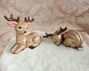 Ceramic Christmas Reindeer, Hand Painted Baby Deer Sitting, Holly ...