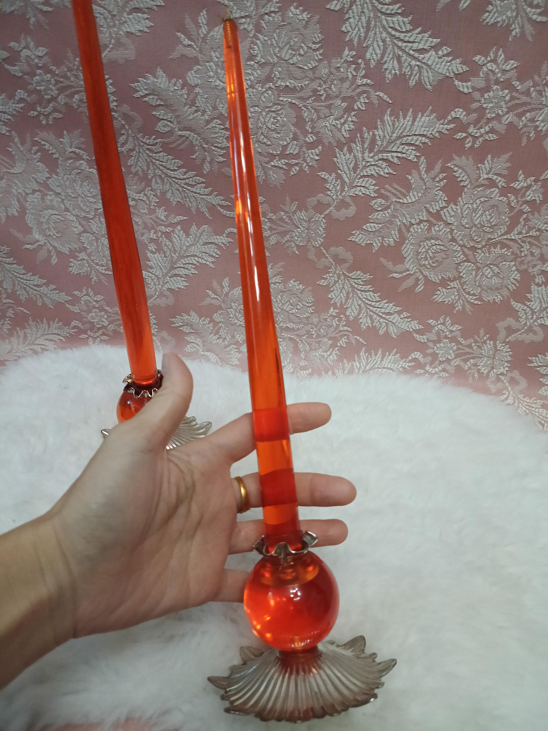 Vintage MCM Orange Lucite Candle and Sticks Decor Set of Pair 13.5 ...