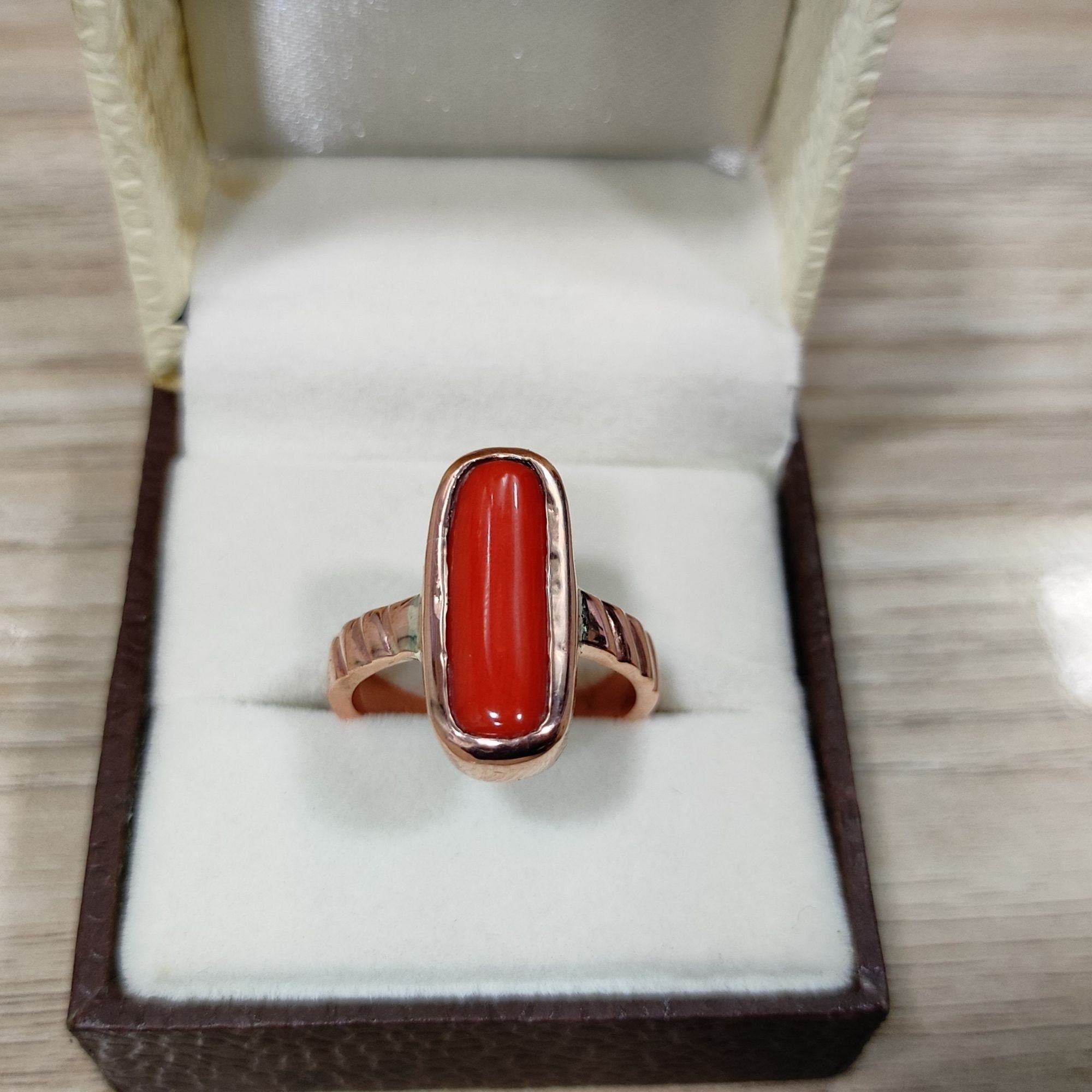 Natural 7-9 Ct Long and Cylindrical Red Coral/ Moonga/ Munga Ring With ...