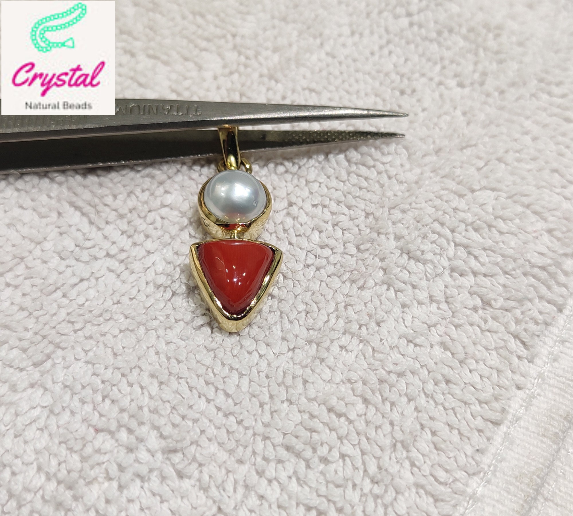 Natural Italian Coral (moonga) and White Pearl Pendant, Gemstone ...