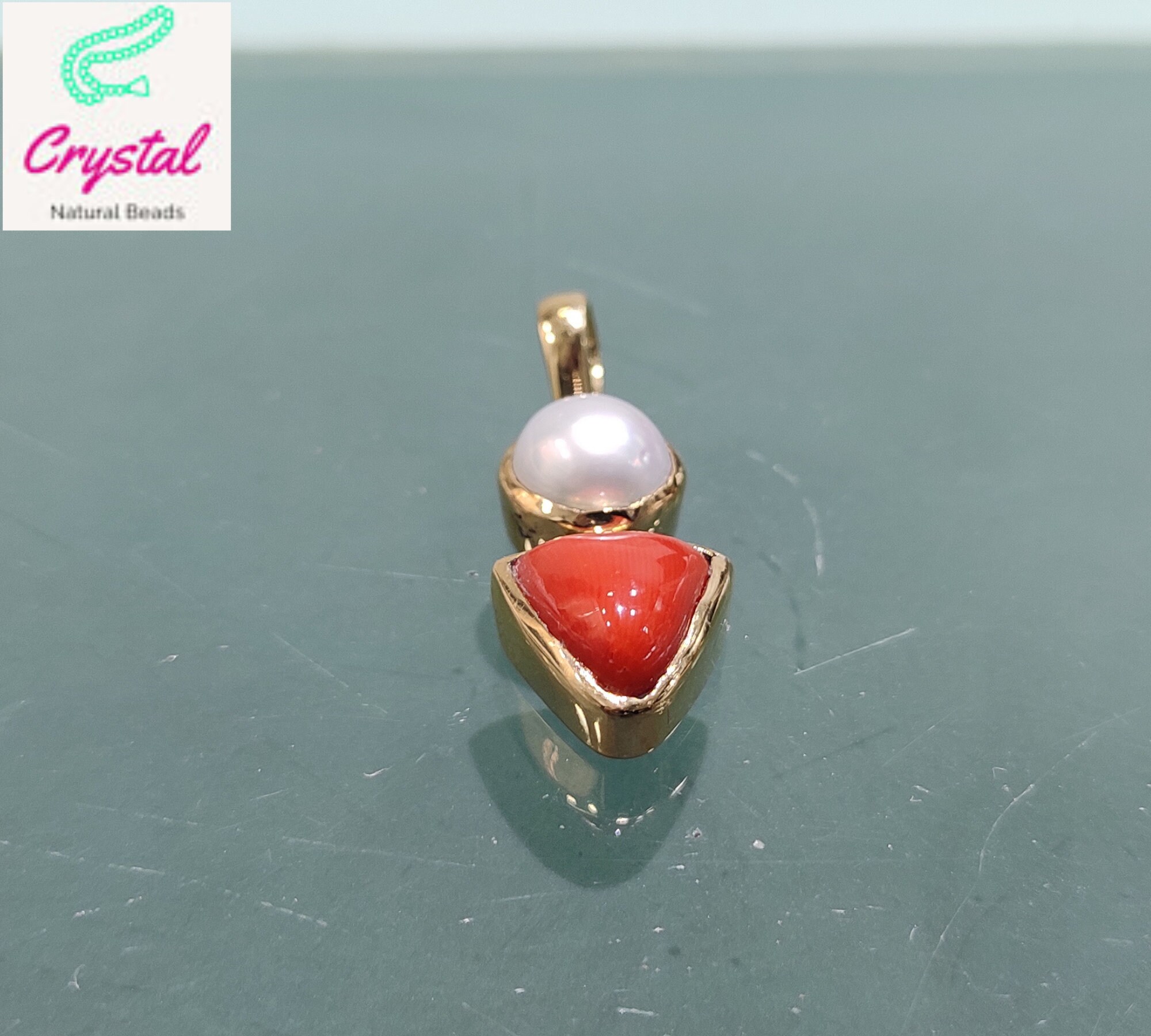 Natural Italian Coral (moonga) and White Pearl Pendant, Gemstone ...