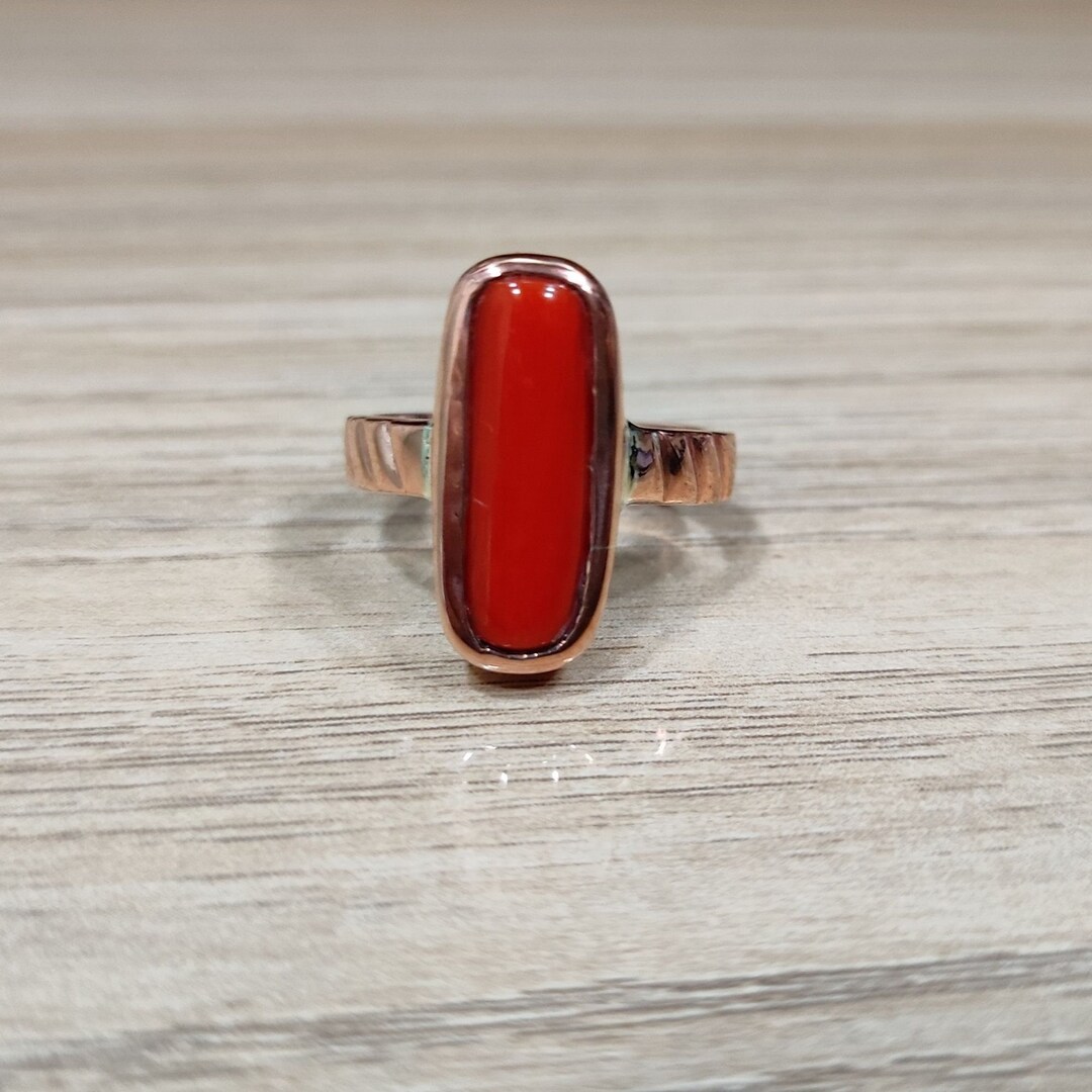 Natural Long and Cylindrical Red Coral/ Moonga/ Munga Ring With Lab ...