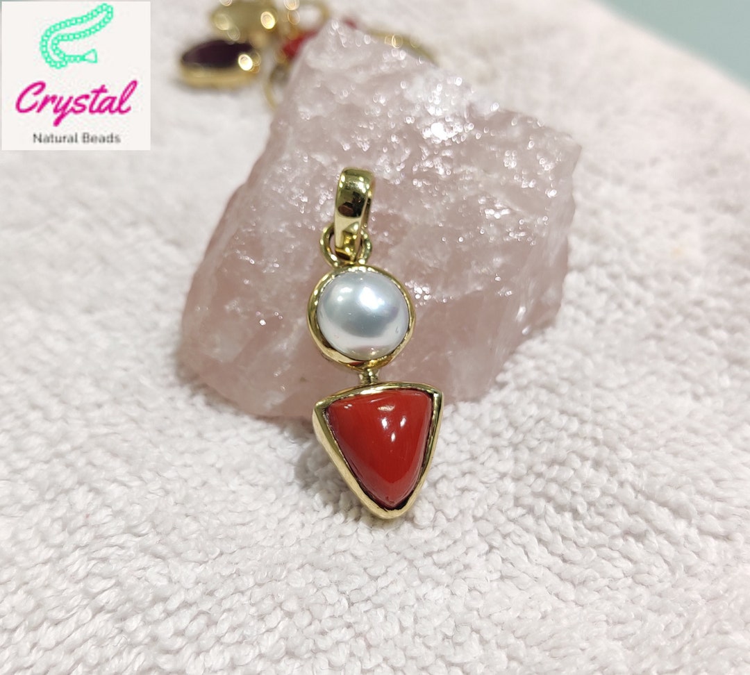 Natural Italian Coral (moonga) and White Pearl Pendant, Gemstone ...