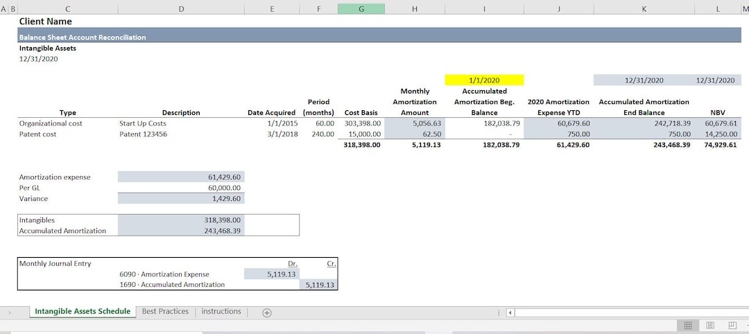 Intangible Asset Schedule - Digital Download - Google Sheets/excel - Etsy