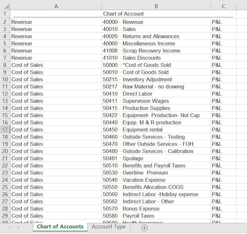 Chart of Accounts - Digital Download - Compatible With Google Sheets ...