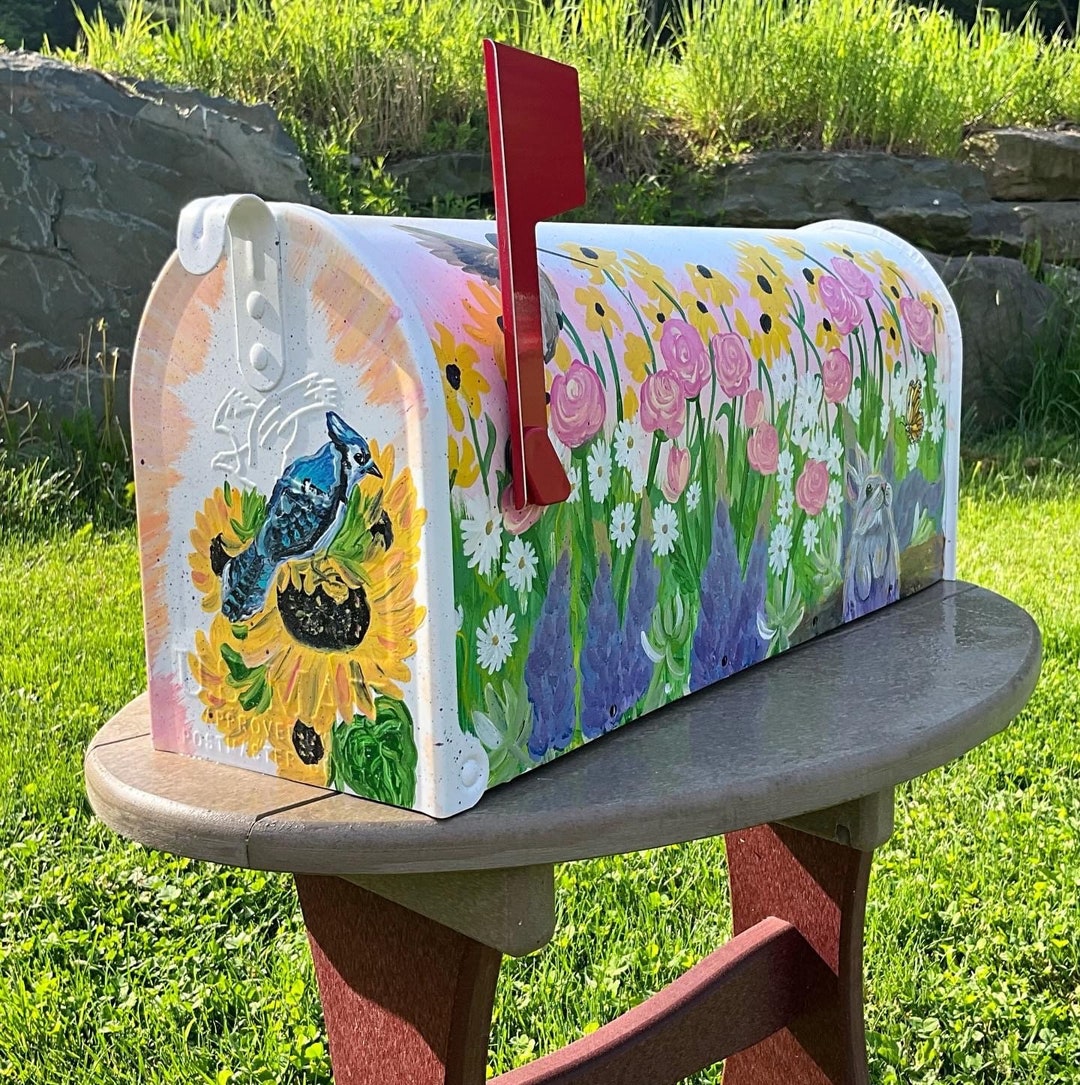 Hand Painted Mailbox, Medium Mailbox, Wildflowers, Hummingbirds, Floral ...