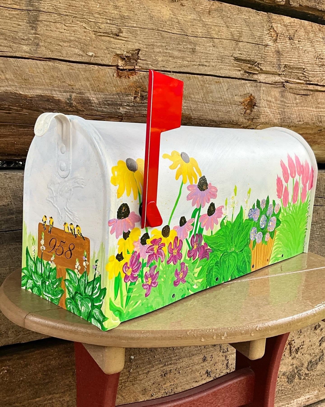 Hand Painted Mailbox, Medium Mailbox, Wildflowers, Goldfinches, Floral ...