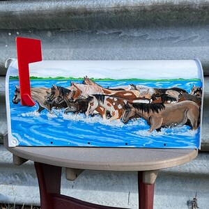Hand Painted Mailbox, Medium Mailbox, Landscape, Chincoteague Pony Swim ...