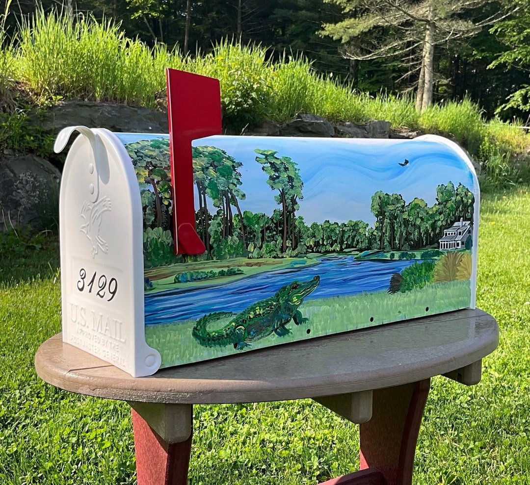 Hand Painted Mailbox, Medium Mailbox, Alligator, Lakescape, Lakeside ...