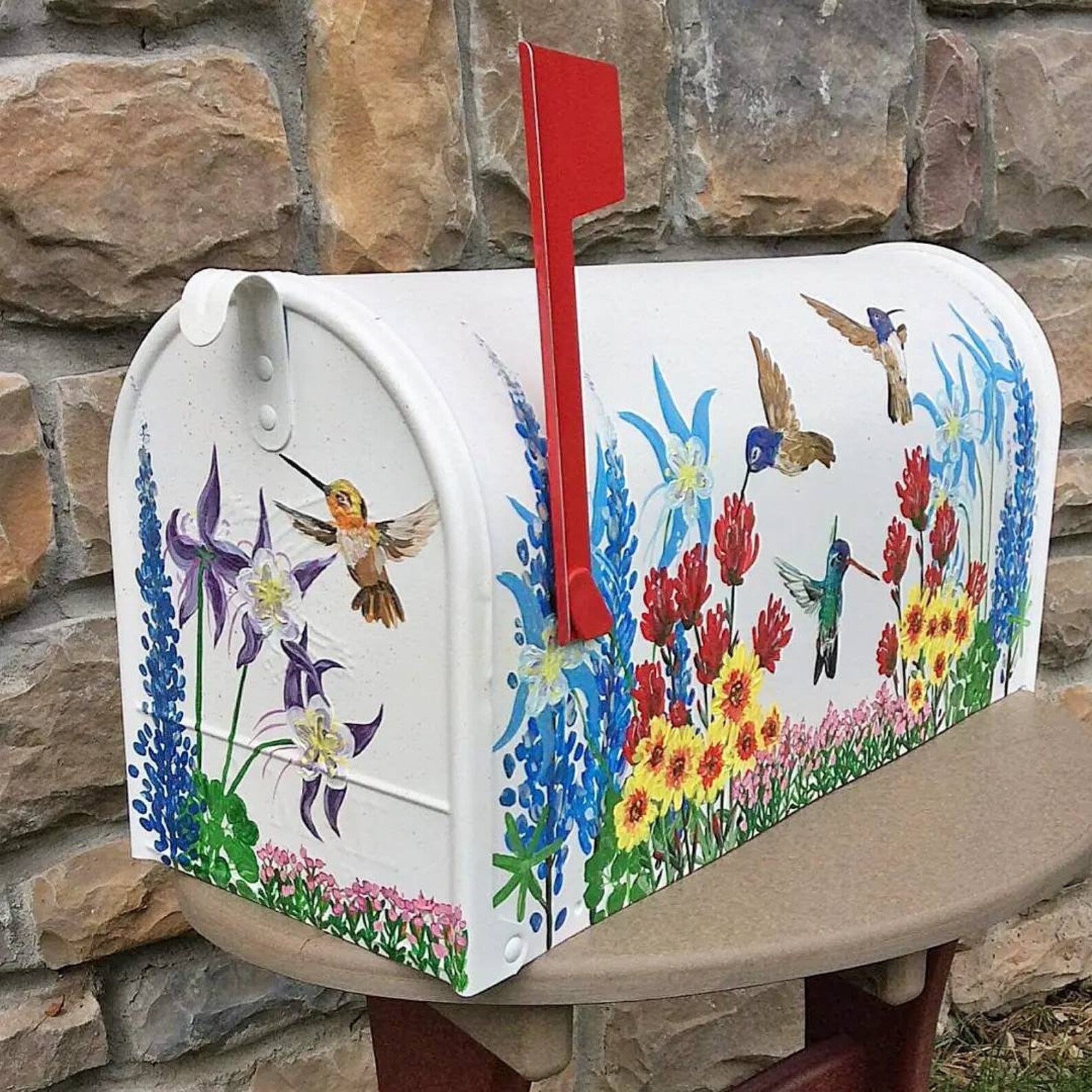 Hand Painted Mailbox, Large Mailbox, Wildflowers, Hummingbirds, Floral ...