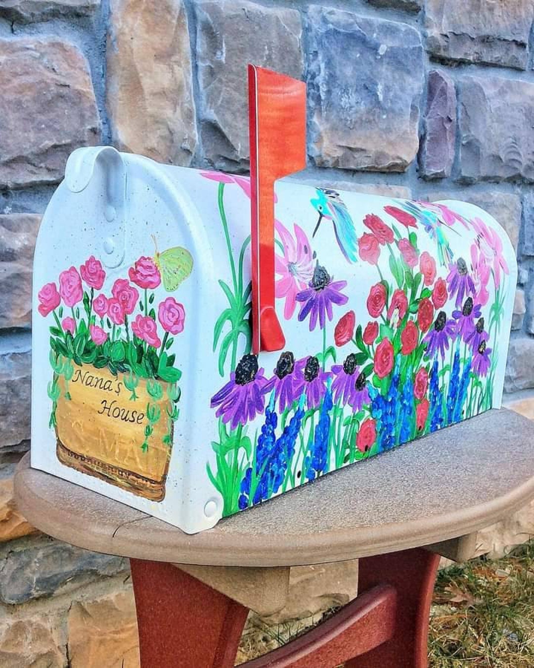 Hand Painted Mailbox, Medium Mailbox, Wildflowers, Hummingbirds, Floral ...
