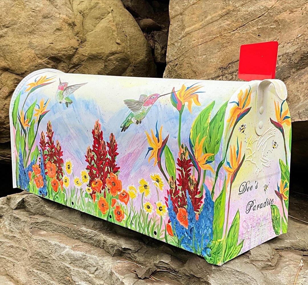 Hand Painted Mailbox, Medium Mailbox, Wildflowers, Hummingbirds, Floral ...