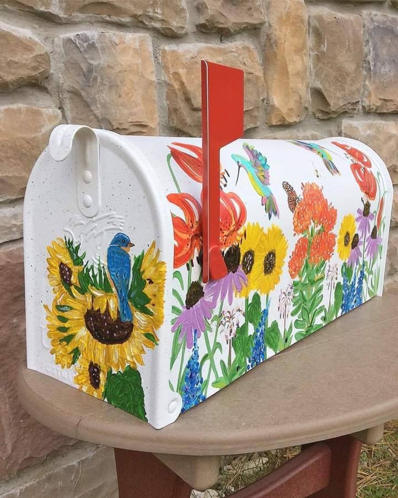 Hand Painted Mailbox, Medium Mailbox, Wildflowers, Hummingbirds, Floral ...
