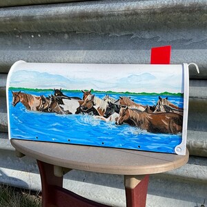 Hand Painted Mailbox, Medium Mailbox, Landscape, Chincoteague Pony Swim ...