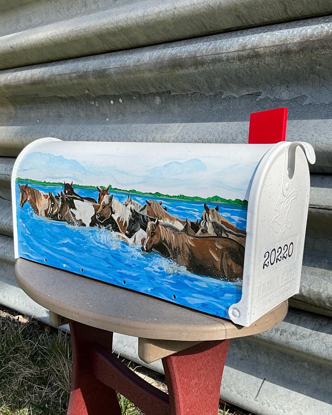 Hand Painted Mailbox, Medium Mailbox, Landscape, Chincoteague Pony Swim ...