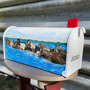 Hand Painted Mailbox, Medium Mailbox, Landscape, Chincoteague Pony Swim ...