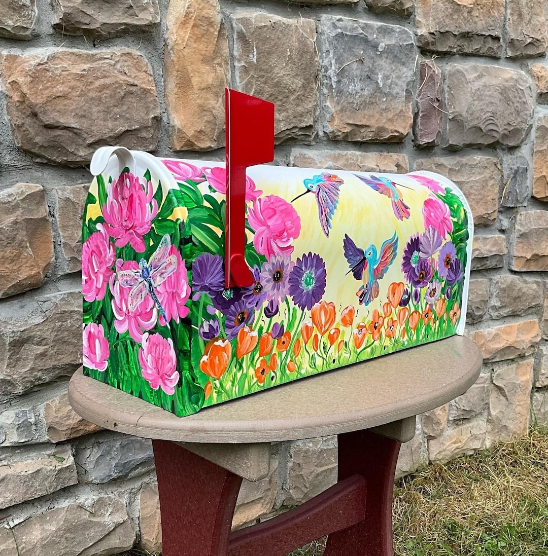 Hand Painted Mailbox, Medium Mailbox, California Poppies, Peonies ...