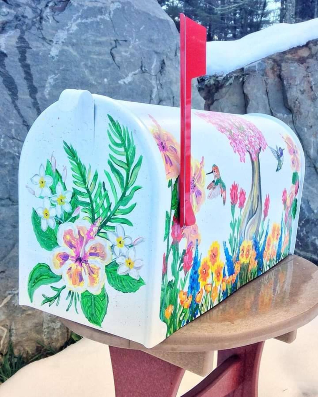 Hand Painted Mailbox, Large Mailbox, Wildflowers, Hummingbirds, Floral ...