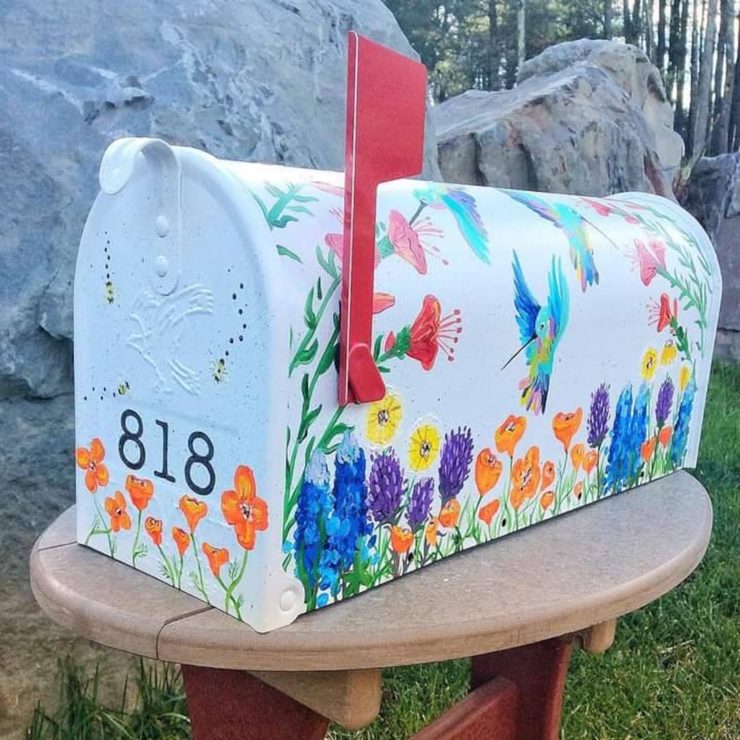 Hand Painted Mailbox, Medium Mailbox, Wildflowers, Hummingbirds, Floral ...