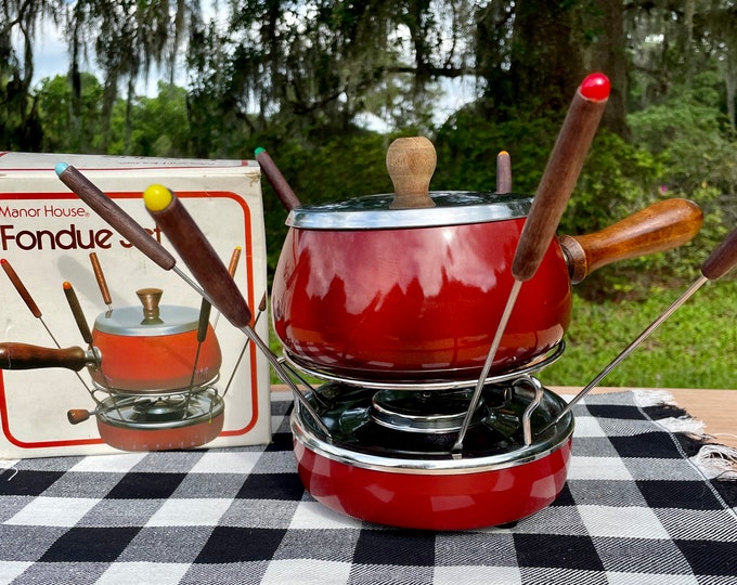 Mid Century Modern Manor House Retro Red Fondue Pot Set With Original ...
