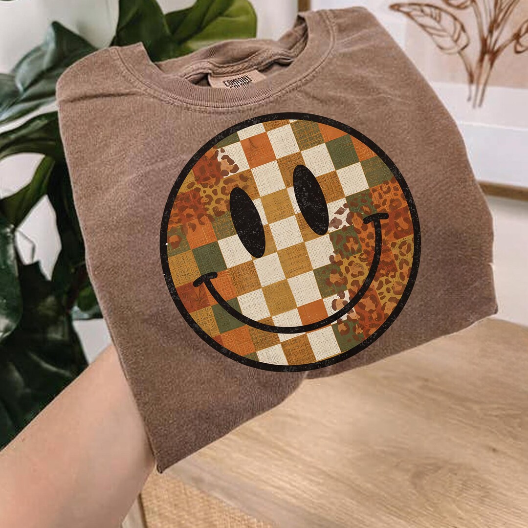 Retro Fall Smiley Face PNG | Patchwork Leopard Plaid Sublimation Design ...